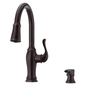 pfister maren kitchen faucet with pull down sprayer and soap dispenser, single handle, high arc, tuscan bronze finish, f5297mmy