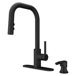 pfister zanna kitchen faucet with pull down sprayer and soap dispenser, single handle, high arc, matte black finish, f5297znrb