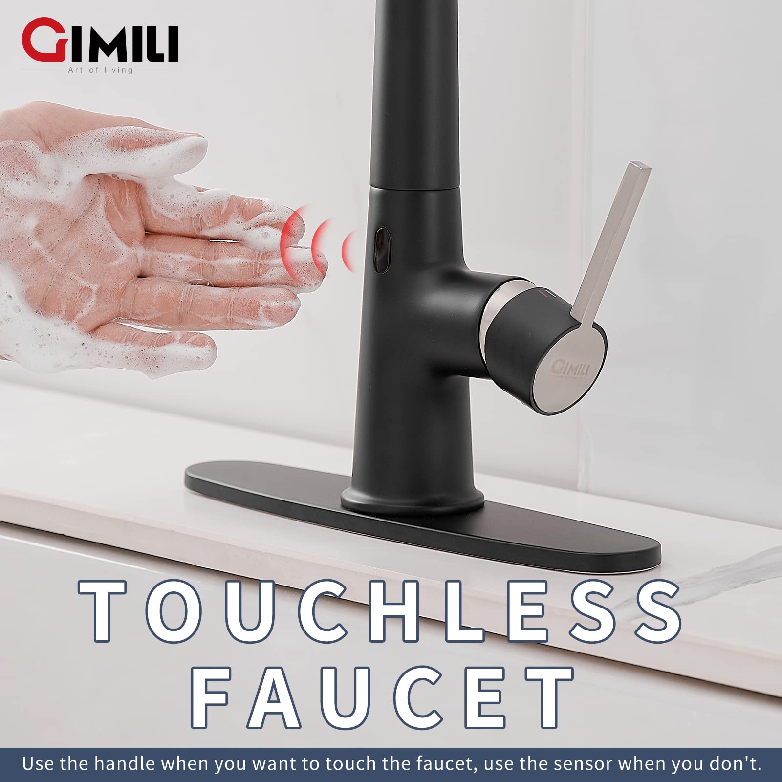 GIMILI Touchless Black Kitchen Faucet with Pull Down Sprayer, High Arc Single Handle Motion Sensor Smart Activated Hands-Free Kitchen Sink Faucet