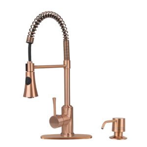 copper kitchen faucet with soap dispenser, single handle solid brass high arc pull down sprayer head kitchen sink faucets with deck plate oh566