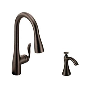 moen arbor one-handle high arc pulldown kitchen faucet featuring reflex, oil rubbed bronze (7594orb) with kitchen soap and lotion dispenser