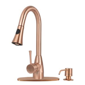 copper kitchen faucet with soap dispenser, single handle solid brass high arc pull down sprayer head kitchen sink faucets with deck plate ak96455