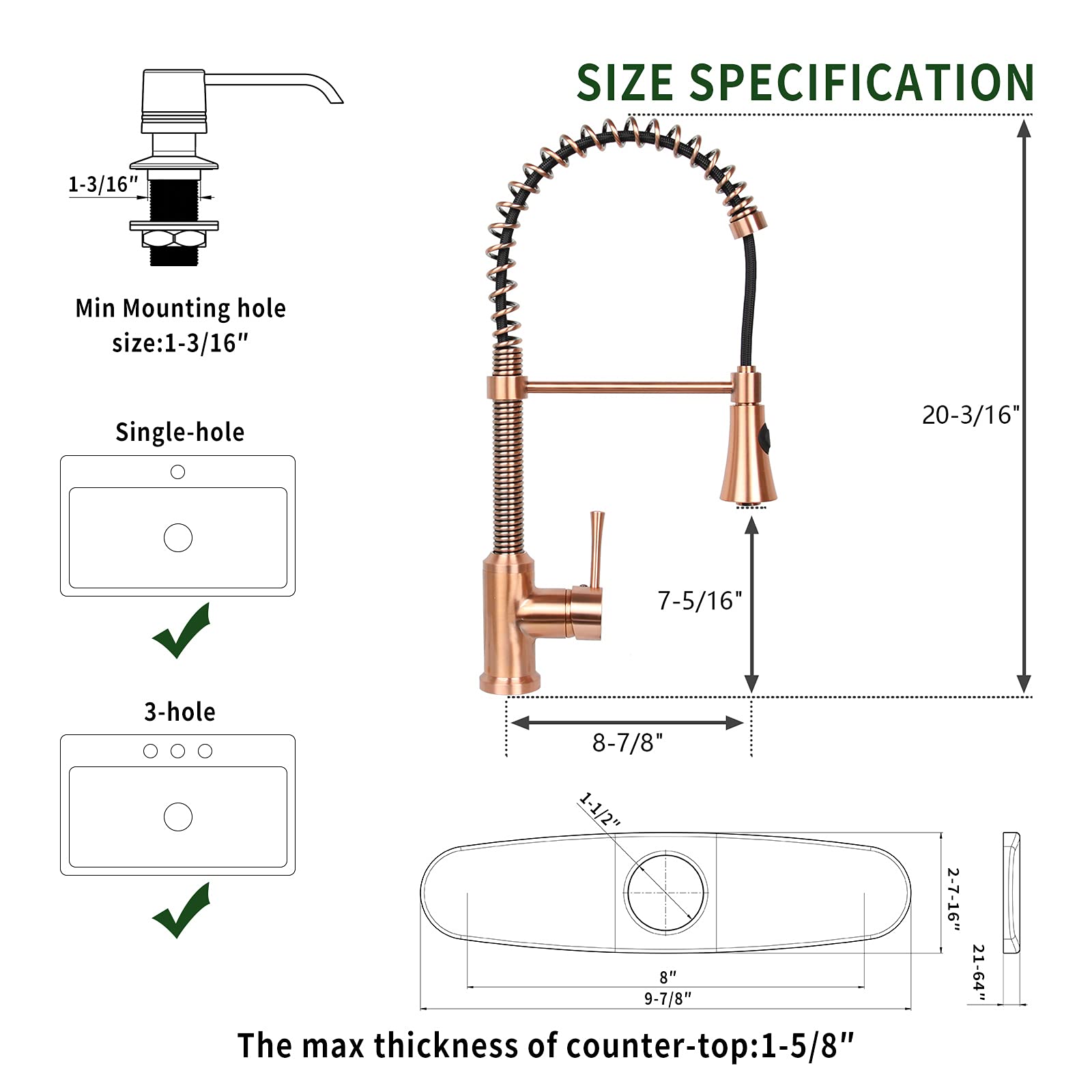 Copper Kitchen Faucet with Soap Dispenser, Single Handle Solid Brass High Arc Pull Down Sprayer Head Kitchen Sink Faucets with Deck Plate