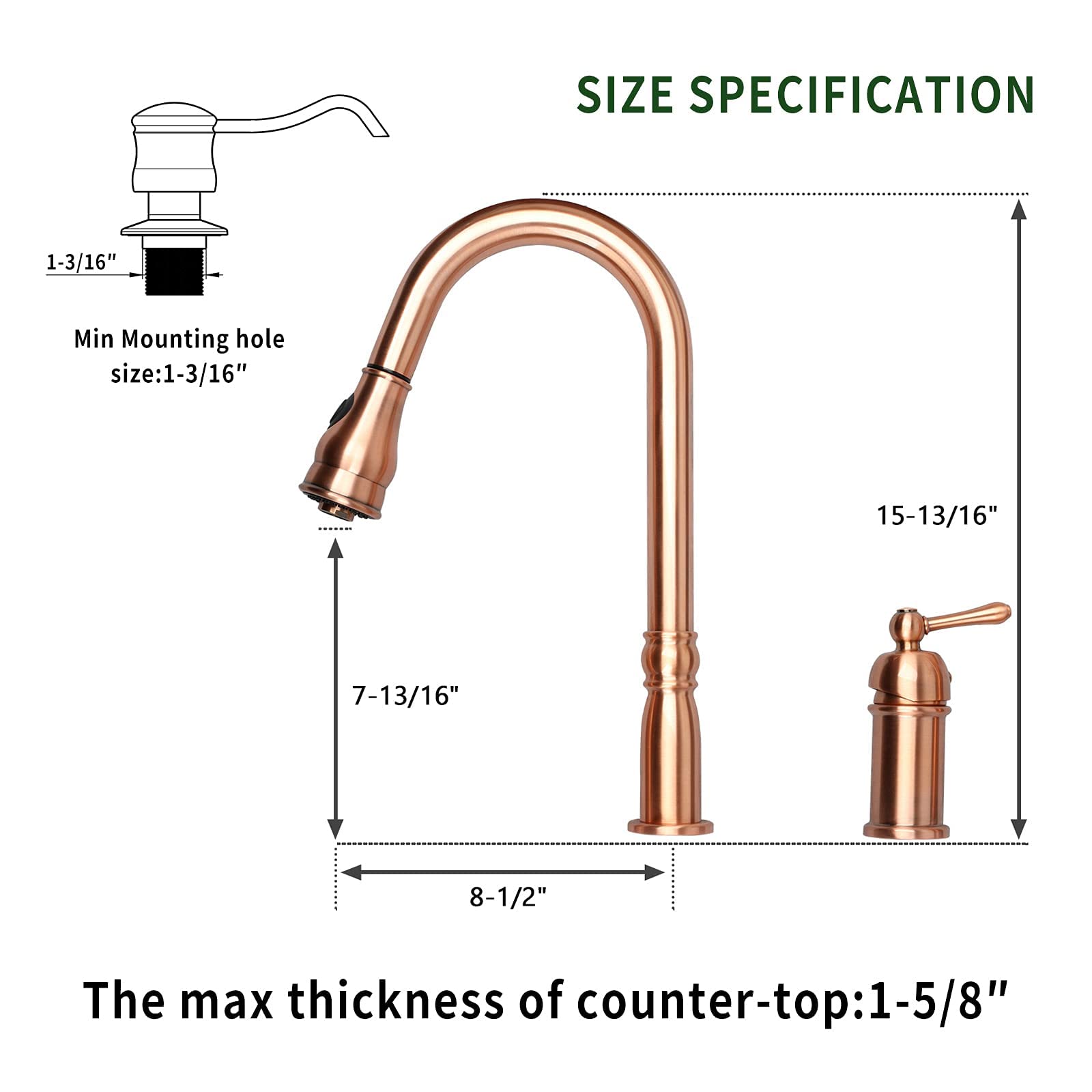 Copper Kitchen Faucet with in-Deck Handle and Soap Dispenser, Single Handle Solid Brass High Arc Pull Down Sprayer Head Kitchen Sink Faucet OH97918