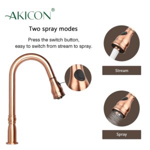 Copper Kitchen Faucet with in-Deck Handle and Soap Dispenser, Single Handle Solid Brass High Arc Pull Down Sprayer Head Kitchen Sink Faucet OH97918