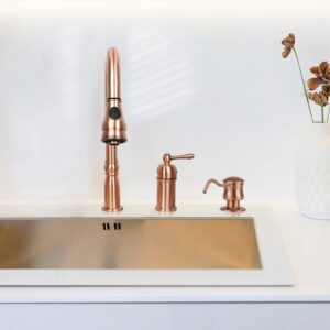 Copper Kitchen Faucet with in-Deck Handle and Soap Dispenser, Single Handle Solid Brass High Arc Pull Down Sprayer Head Kitchen Sink Faucet OH97918