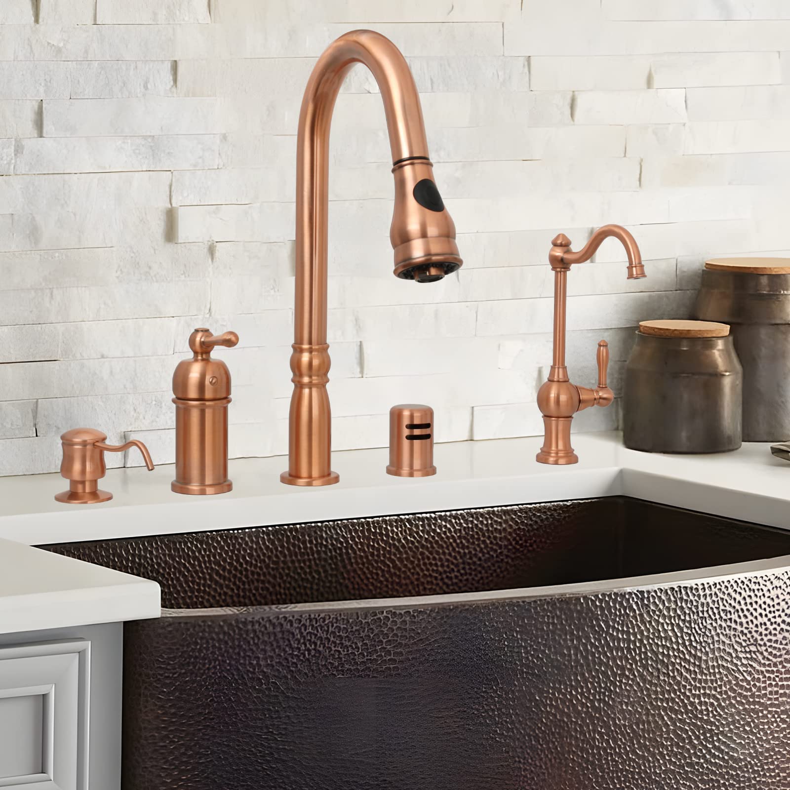 Copper Kitchen Faucet with in-Deck Handle and Soap Dispenser, Single Handle Solid Brass High Arc Pull Down Sprayer Head Kitchen Sink Faucet OH97918