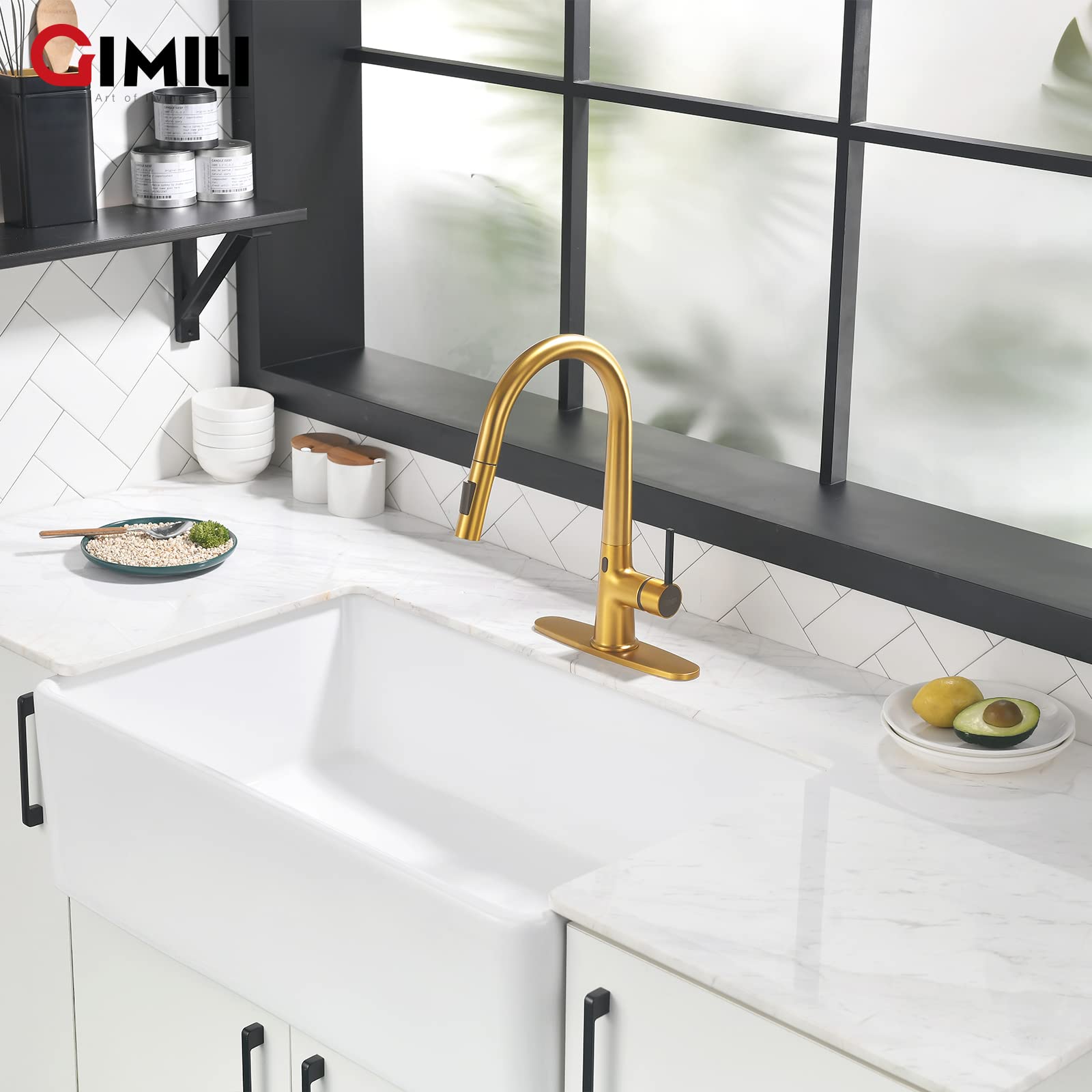 GIMILI Gold Touchless Kitchen Faucet with Pull Down Sprayer, High Arc Single Handle Motion Sensor Smart Activated Hands-Free Kitchen Sink Faucet