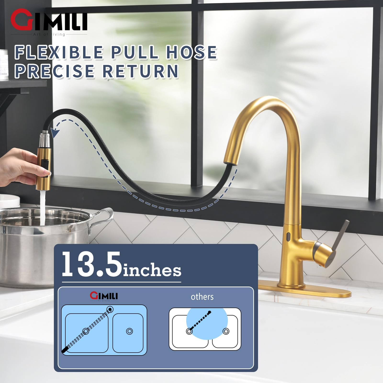 GIMILI Gold Touchless Kitchen Faucet with Pull Down Sprayer, High Arc Single Handle Motion Sensor Smart Activated Hands-Free Kitchen Sink Faucet