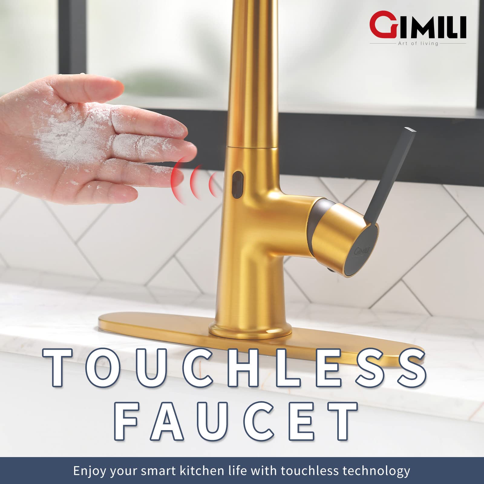 GIMILI Gold Touchless Kitchen Faucet with Pull Down Sprayer, High Arc Single Handle Motion Sensor Smart Activated Hands-Free Kitchen Sink Faucet