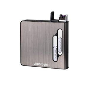 ambrogio.l full pack 20 regular cigarettes case box automatic ejection holder with dual arc lighter usb rechargeable, flameless, windproof,moisture-proof,black