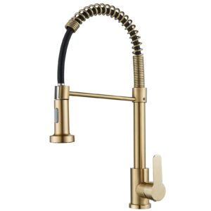 fvita brushed gold kitchen faucet with pull down sprayer,lead-free sus 304 stainless steel kitchen sink faucet single handle spring faucet high arc faucet for kitchen sink bar rv farmhouse