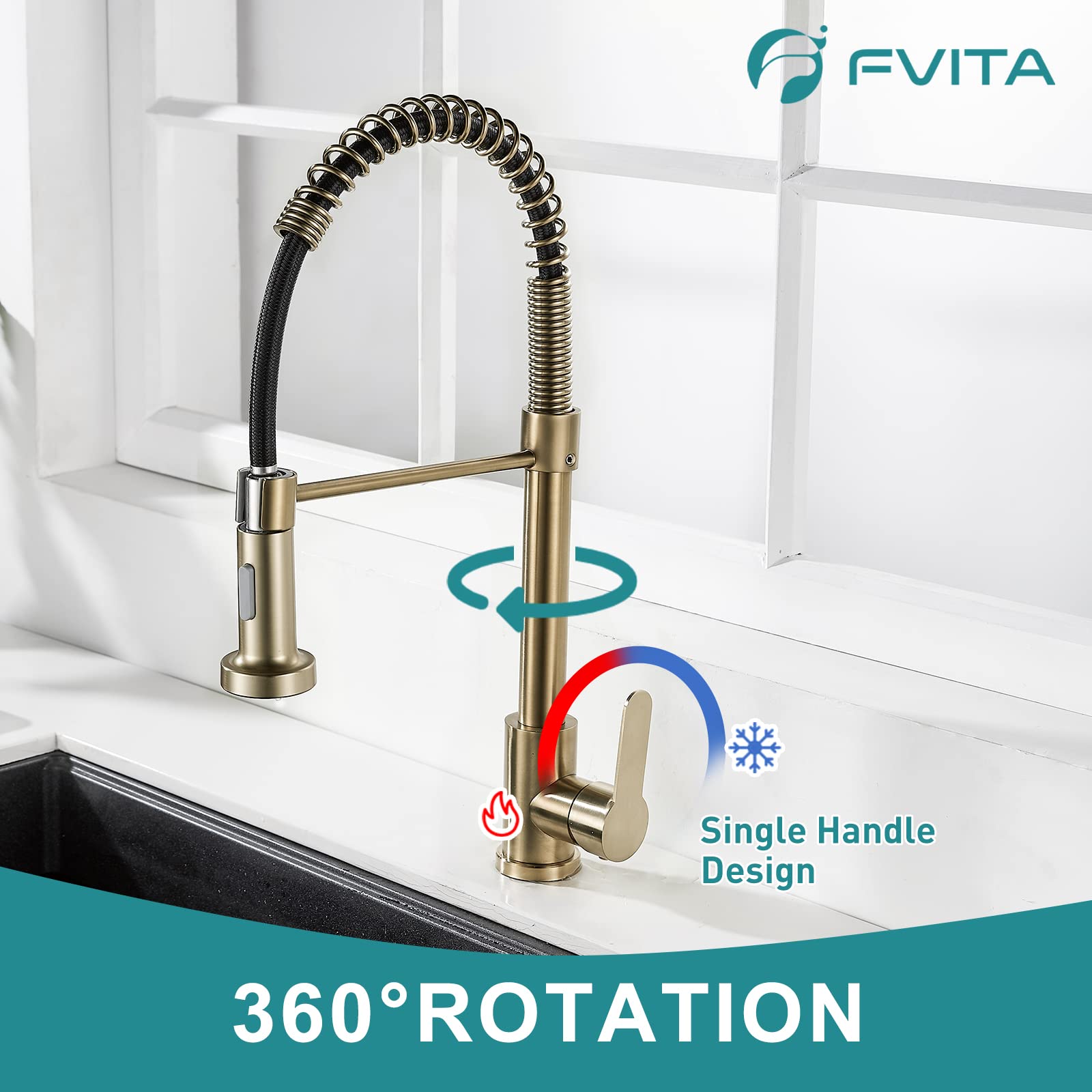 FVITA Brushed Gold Kitchen Faucet with Pull Down Sprayer,Lead-Free SUS 304 Stainless Steel kitchen sink faucet Single Handle Spring Faucet High Arc faucet for kitchen sink Bar Rv Farmhouse