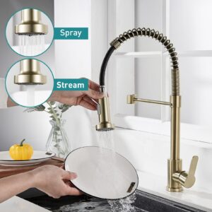 FVITA Brushed Gold Kitchen Faucet with Pull Down Sprayer,Lead-Free SUS 304 Stainless Steel kitchen sink faucet Single Handle Spring Faucet High Arc faucet for kitchen sink Bar Rv Farmhouse