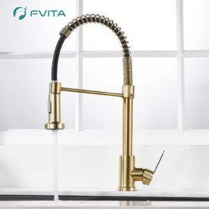 FVITA Brushed Gold Kitchen Faucet with Pull Down Sprayer,Lead-Free SUS 304 Stainless Steel kitchen sink faucet Single Handle Spring Faucet High Arc faucet for kitchen sink Bar Rv Farmhouse