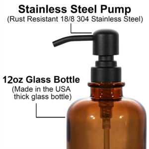 2 PCS Thick Amber Glass Jar Soap Dispenser with Matte Black Stainless Steel Pump, 12ounce Boston Round Bottles Dispenser with Rustproof Pump for Essential Oil (Matte Black)