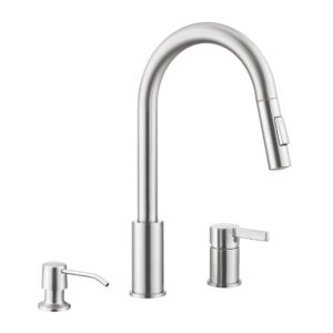 kirlystone 3-hole kitchen faucet with pull down sprayer, brushed nickel kitchen sink faucet with separate handle and soap dispenser