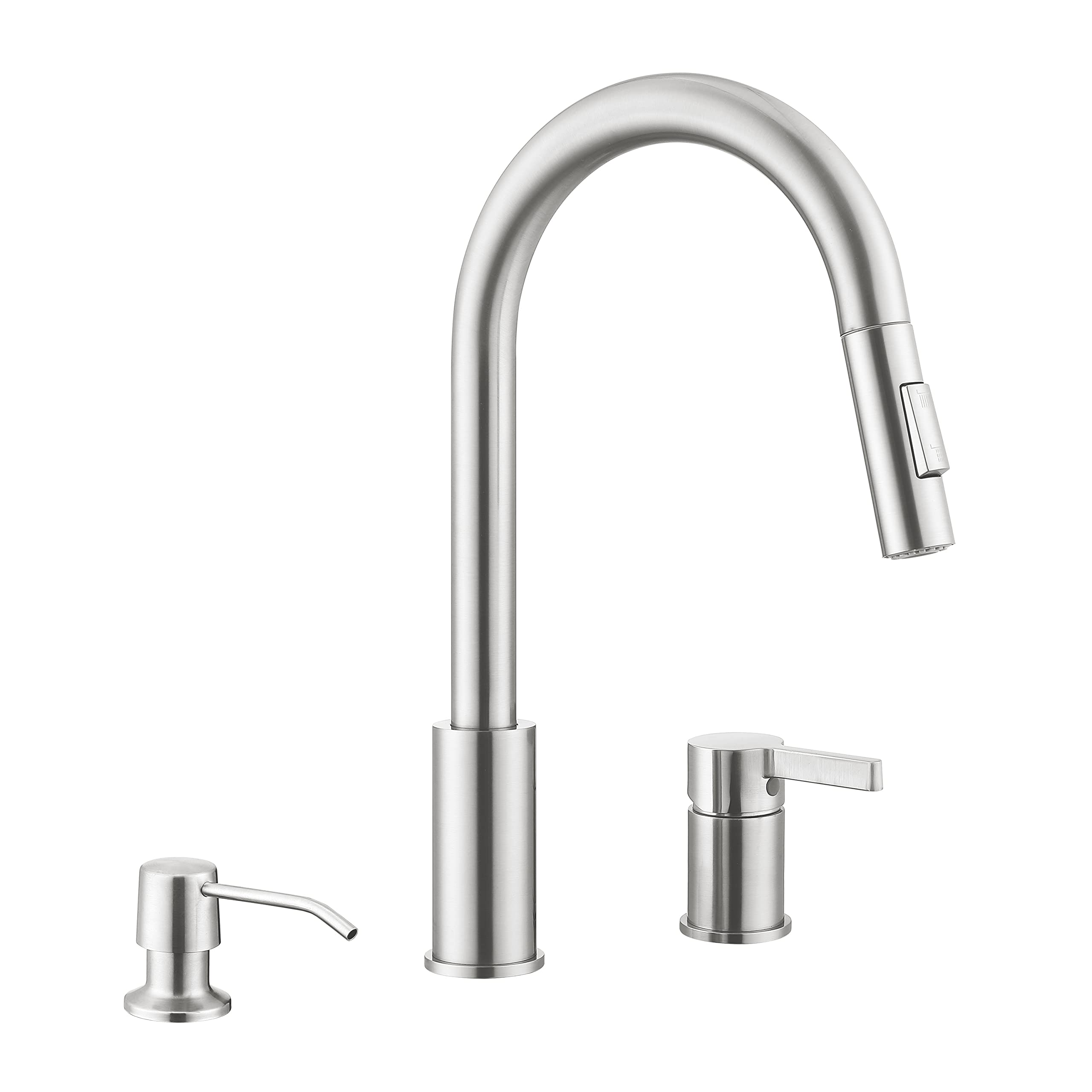 KIRLYSTONE 3-Hole Kitchen Faucet with Pull Down Sprayer, Brushed Nickel Kitchen Sink Faucet with Separate Handle and Soap Dispenser