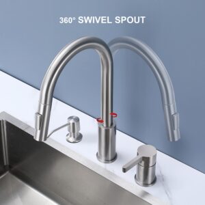 KIRLYSTONE 3-Hole Kitchen Faucet with Pull Down Sprayer, Brushed Nickel Kitchen Sink Faucet with Separate Handle and Soap Dispenser