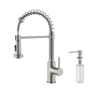 kibi aurora single handle spring pull down faucet for kitchen sink | solid brass high arc faucet spout | kitchen faucet with pull down sprayer (brushed nickel) (kkf2003) (soap dispenser included)