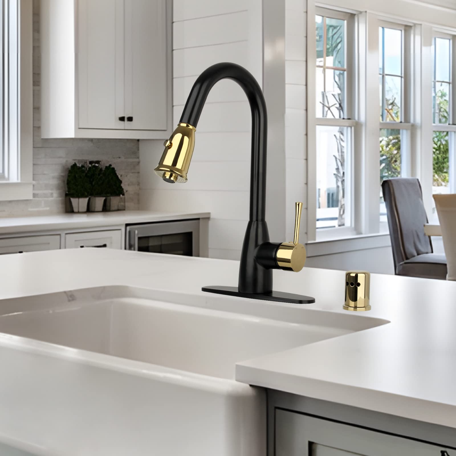 Two Tone Kitchen Faucet with Soap Dispenser and Air Gap, Single Handle Solid Brass High Arc Pull Down Sprayer Head Kitchen Sink Faucets with Deck Plate AK96455