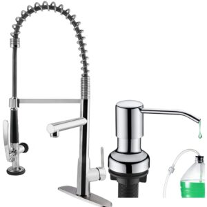 commercial kitchen faucet with pull down sprayer and kitchen soap dispenser, brass high arc pre-rinse tall modern single handle spring kitchen sink faucet with pull out spray, chrome