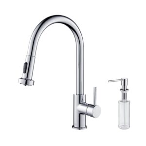 kibi casa single handle pull down faucet for kitchen sink | solid brass high arc faucet spout | kitchen faucet with pull down sprayer (chrome) (kkf2002) (soap dispenser included)