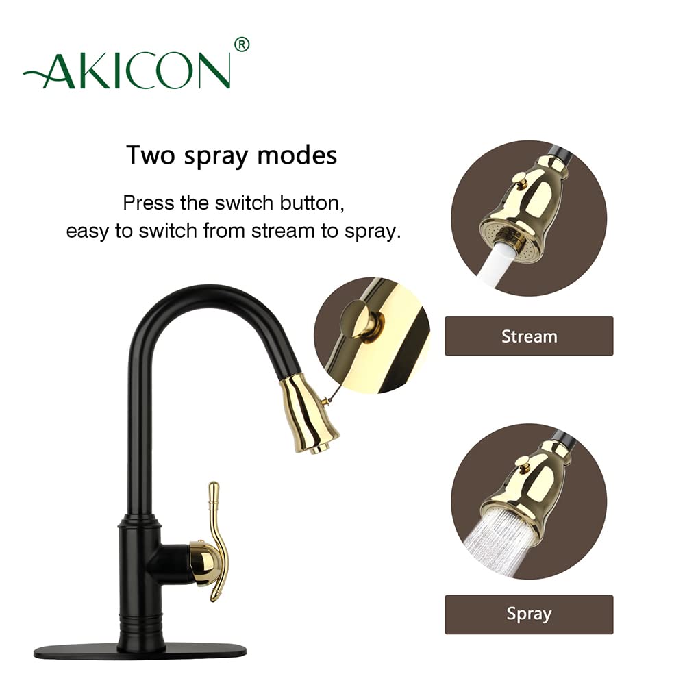 Two Tone Kitchen Faucet with Soap Dispenser and Air Gap, Single Handle Solid Brass High Arc Pull Down Sprayer Head Kitchen Sink Faucets with Deck Plate AK96415