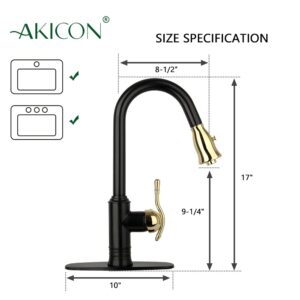 Two Tone Kitchen Faucet with Soap Dispenser and Air Gap, Single Handle Solid Brass High Arc Pull Down Sprayer Head Kitchen Sink Faucets with Deck Plate AK96415