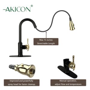 Two Tone Kitchen Faucet with Soap Dispenser and Air Gap, Single Handle Solid Brass High Arc Pull Down Sprayer Head Kitchen Sink Faucets with Deck Plate AK96415