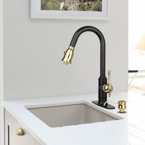 Two Tone Kitchen Faucet with Soap Dispenser and Air Gap, Single Handle Solid Brass High Arc Pull Down Sprayer Head Kitchen Sink Faucets with Deck Plate AK96415