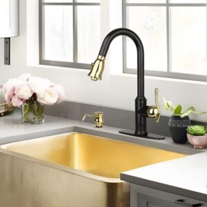 Two Tone Kitchen Faucet with Soap Dispenser and Air Gap, Single Handle Solid Brass High Arc Pull Down Sprayer Head Kitchen Sink Faucets with Deck Plate AK96415