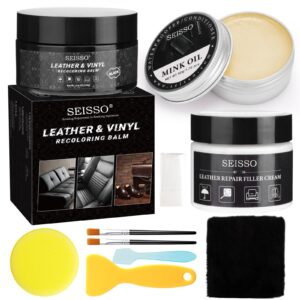 black leather recoloring balm, leather & vinyl repair kit with mink oil & leather filler for leather scratch peeling, fading shoes, vinyl furniture, car leather, sofa