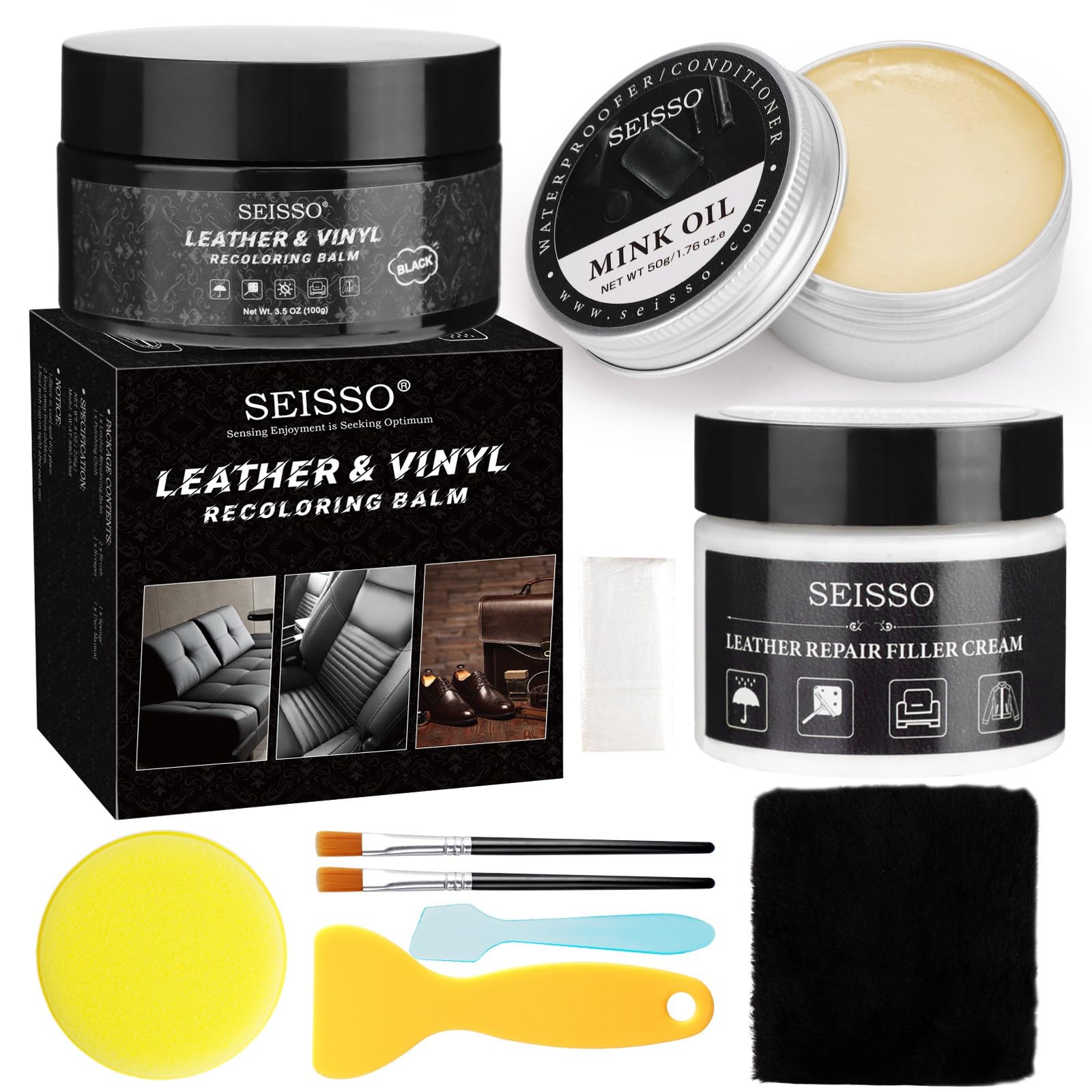 Black Leather Recoloring Balm, Leather & Vinyl Repair Kit with Mink Oil & Leather Filler for Leather Scratch Peeling, Fading Shoes, Vinyl Furniture, Car Leather, Sofa