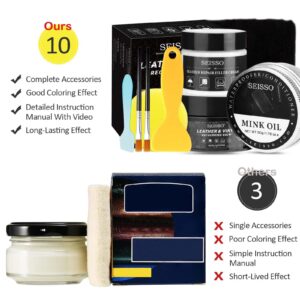 Black Leather Recoloring Balm, Leather & Vinyl Repair Kit with Mink Oil & Leather Filler for Leather Scratch Peeling, Fading Shoes, Vinyl Furniture, Car Leather, Sofa