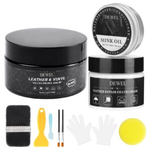 dewel leather recoloring balm black, mink oil leather conditioner & leather filler cream, professional leather repair kit for furniture, restore couches, car seats, purse, scratch, peeling, burn holes