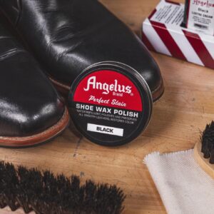 Angelus Shoe Shine Kit, Black- Boot and Shoe Polish Wax, Shoe Cream 3oz, Horsehair Brush, Dauber, and Cloth | 5 Piece Set