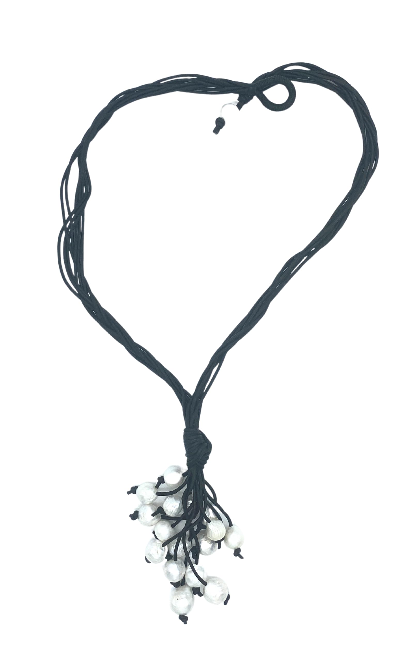 White Baroque Pearl Y-necklace on Black Leather Cord