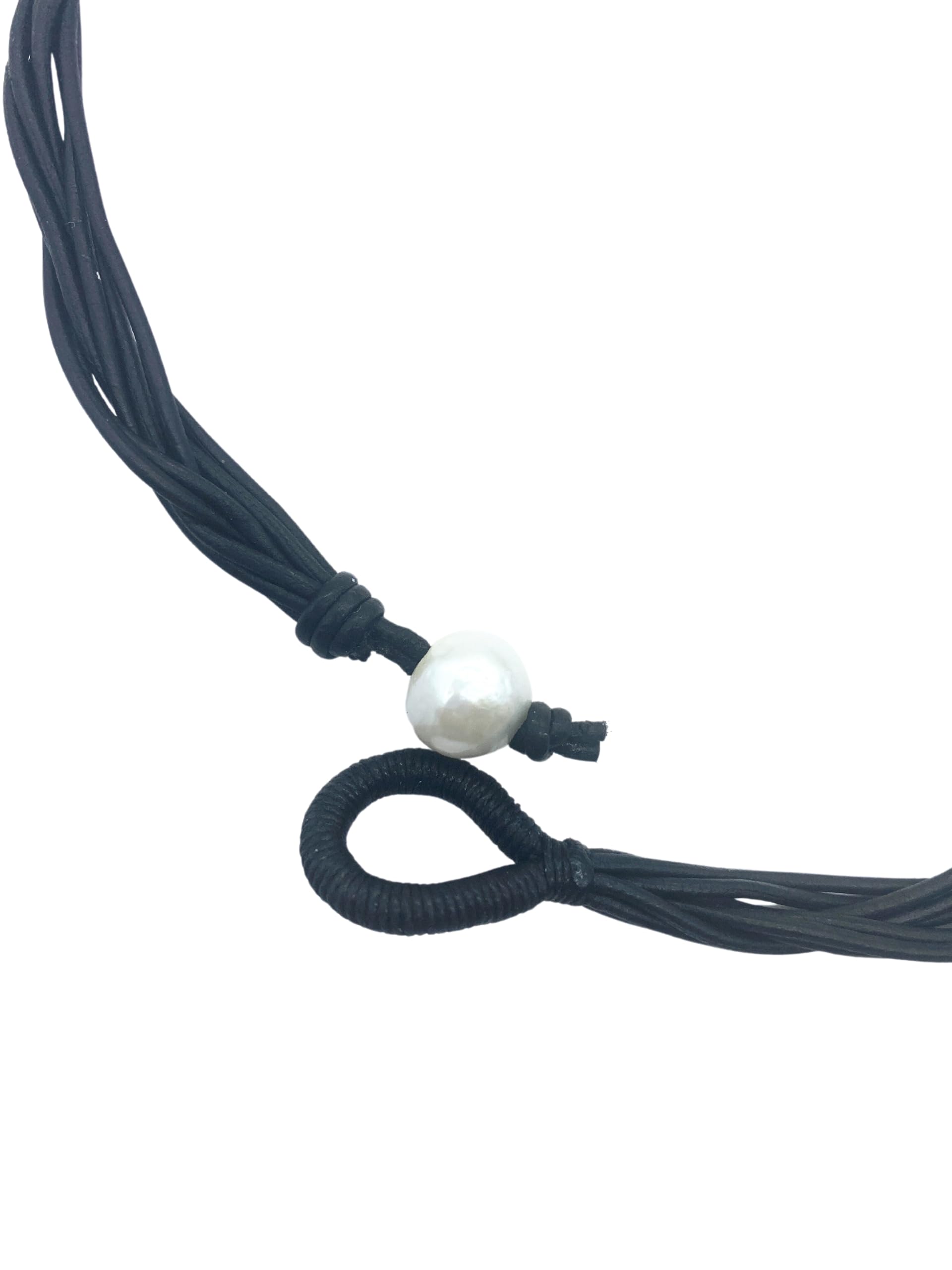 White Baroque Pearl Y-necklace on Black Leather Cord