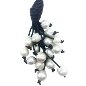 White Baroque Pearl Y-necklace on Black Leather Cord