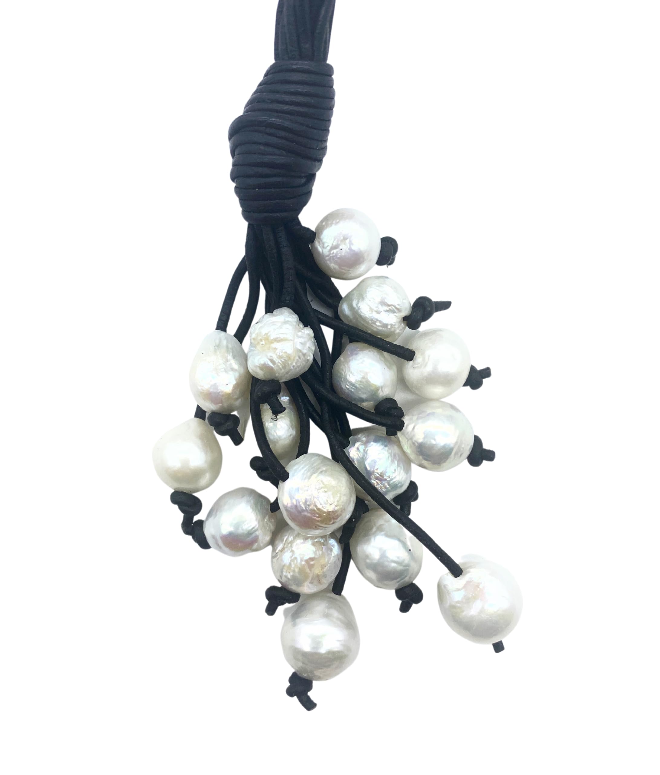 White Baroque Pearl Y-necklace on Black Leather Cord