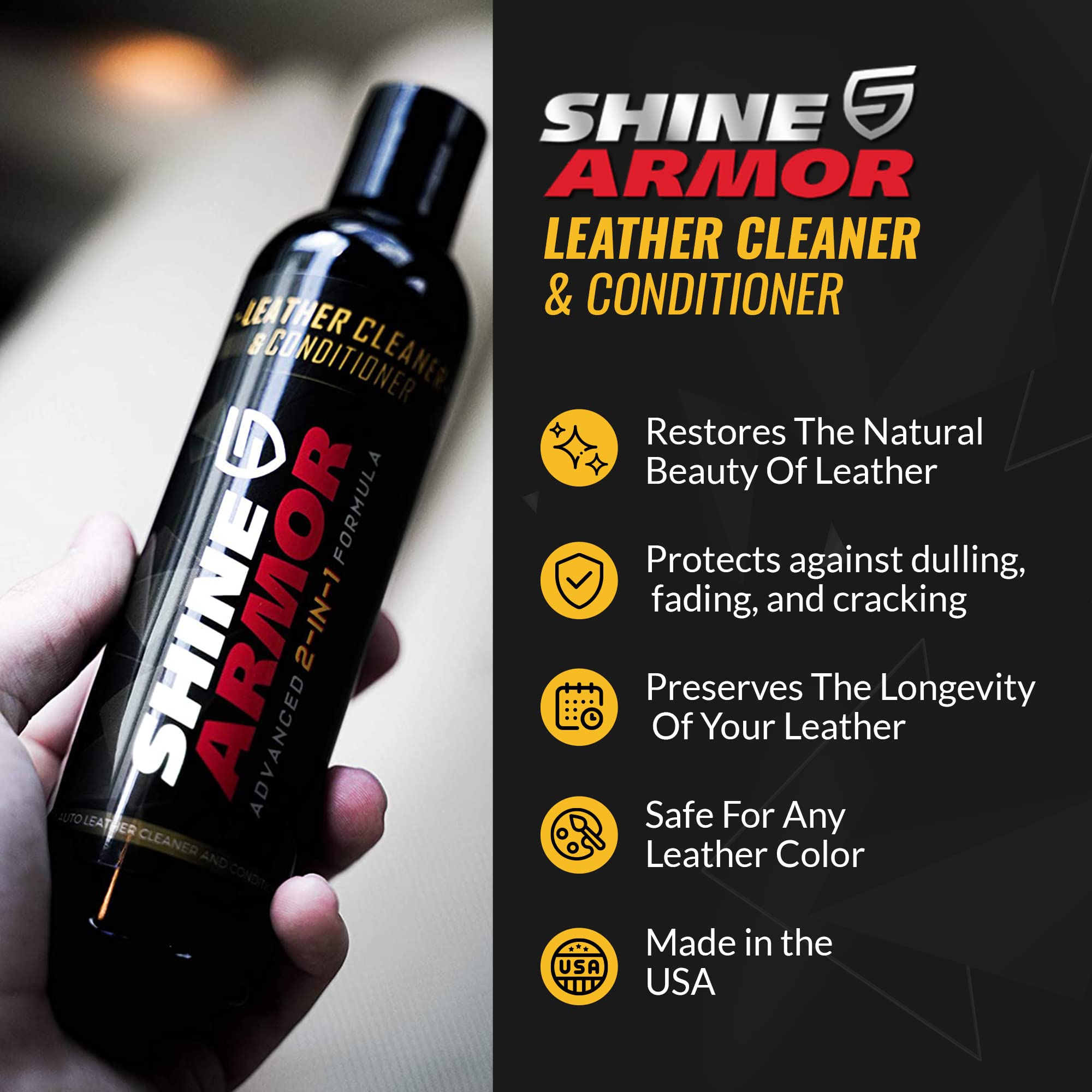 SHINE ARMOR Leather Cleaner Conditioner & Protector for Car Interior Apparel Furniture Auto Interiors Shoes Bags Purses Sofas Car Seats Steering Wheel 8 Fl Oz