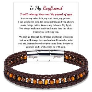 caritate to my boyfriend tiger eye leather bracelets for men, mens braided beaded bracelets jewelry birthday anniversary valentines day gifts for him boyfriend, cool men jewelry gifts for men/bf