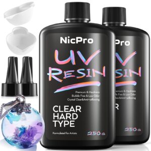 nicpro uv resin 500g, 2 pcs crystal clear uv epoxy resin kit, high viscosity & quick curing uv glue hard, uv cured resin for jewelry making, craft, doming, diy and coating