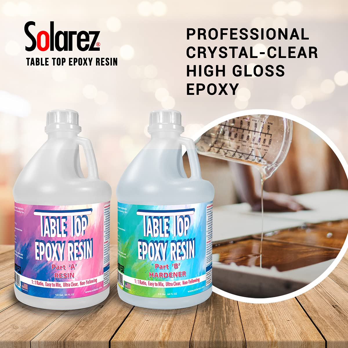 Solarez Crystal Clear Table-Top Epoxy Resin ~ One Gallon Kit ~ Two Part Pro Epoxy Resin & Hardener ~ DIY Kit for Wood, Counter Top, Bar Top, Tile & Resin Art ~ High Gloss Commercial Epoxy