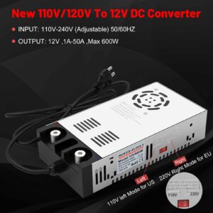 IMAYCC 110V AC to 12V DC Converter Power Supply 12V DC Switch Transformer for LED Strip, LCD Monitor, CCTV, Radio,Car Stereo and Diesel heater 50A 600W