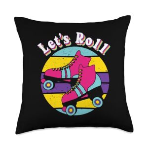 fun roller skating retro vintage by smp let’s roll roller 70s 80s 90s skating retro vintage throw pillow, 18x18, multicolor