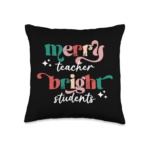 Funny Christmas Family Matching Outfits by SMP Merry Teacher Bright Students Retro Groovy Funny Christmas Throw Pillow, 16x16, Multicolor