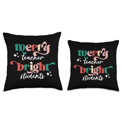 Funny Christmas Family Matching Outfits by SMP Merry Teacher Bright Students Retro Groovy Funny Christmas Throw Pillow, 16x16, Multicolor