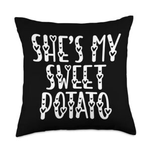 funny thanksgiving gathering outfits by smp she's my sweet potato funny couple matching thanksgiving throw pillow, 18x18, multicolor